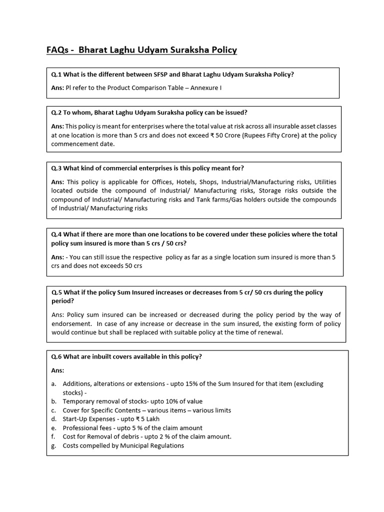 FAQs - Bharat Laghu Udyam Suraksha - With IRDA Clarification | PDF