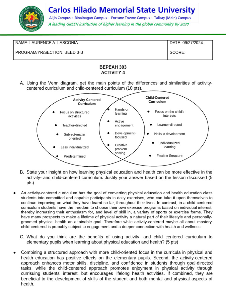 Bepeah 303 Activity 4: Activity-Centered Curriculum Child-Centered Curriculum | PDF