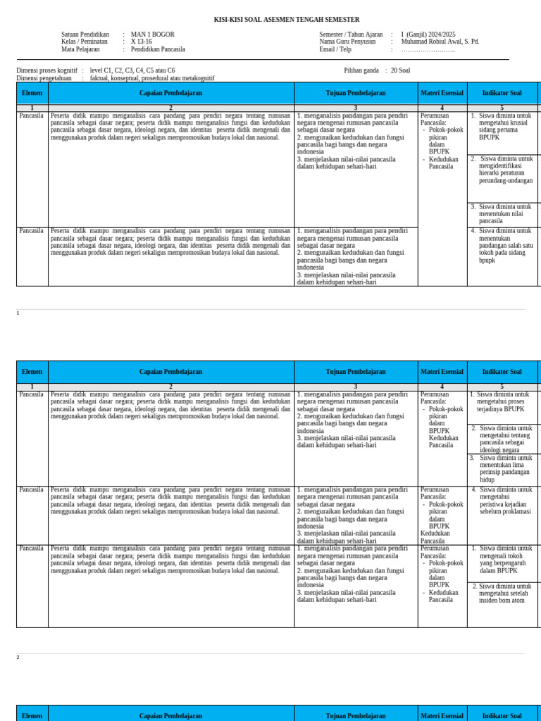 Kisi-Kisi PP X 2024-2025 | PDF