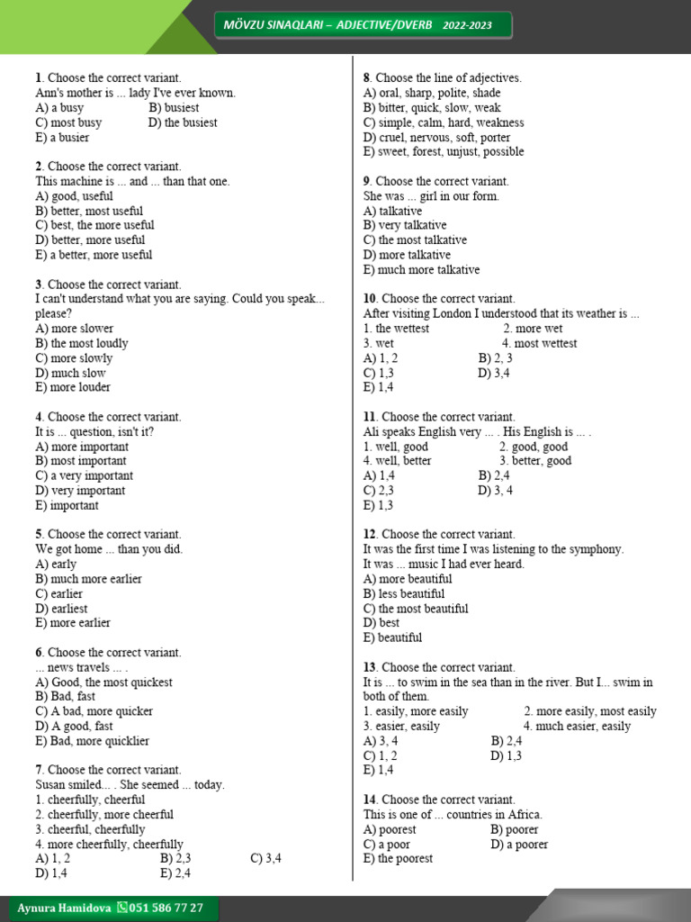 Movzu Sinaqlari Adjective-Adverb | PDF