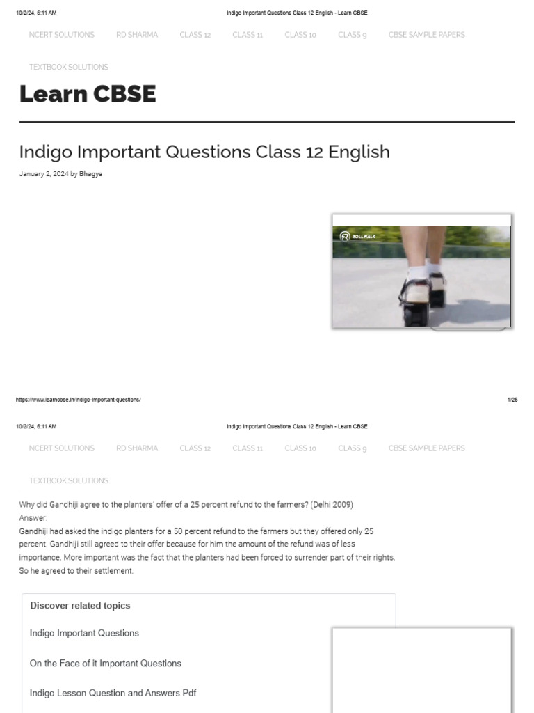 Indigo Important Questions Class 12 English - Learn CBSE | PDF
