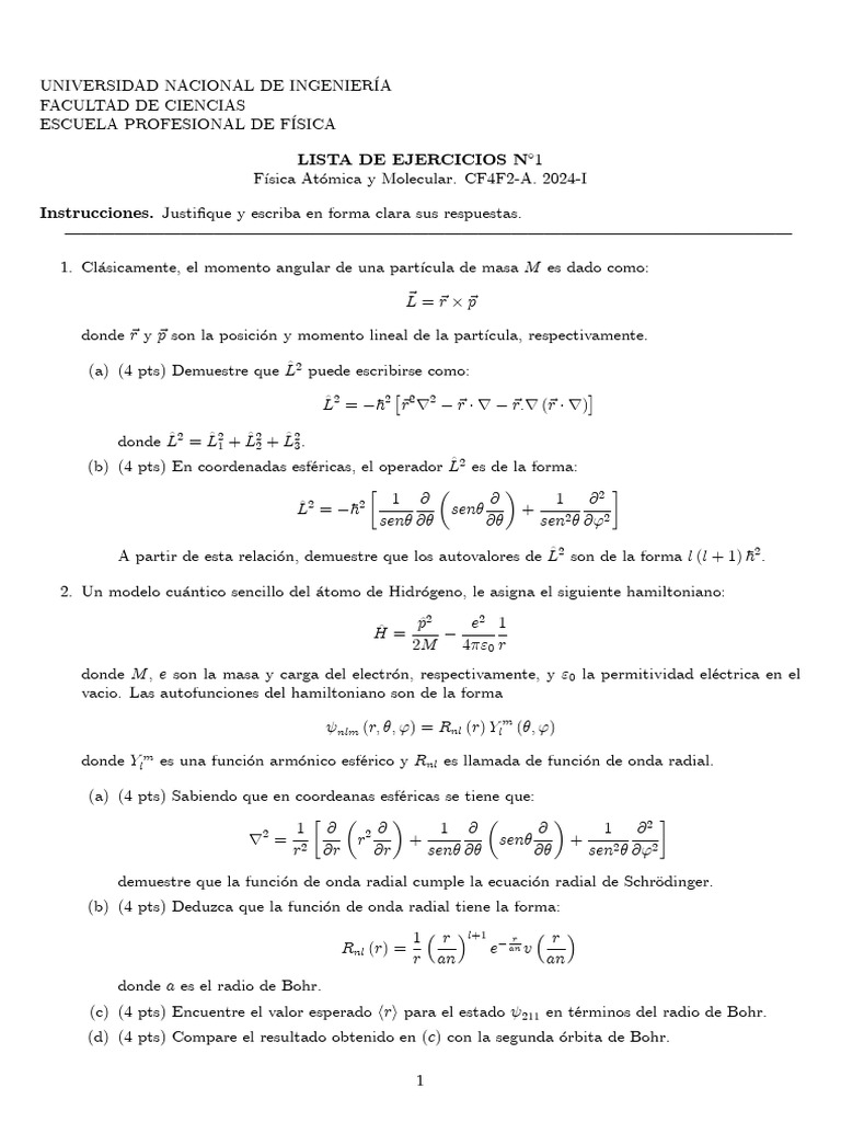 Lista 1. CF4F2 | PDF | Hamiltoniano (Mecánica Cuántica) | Electrón