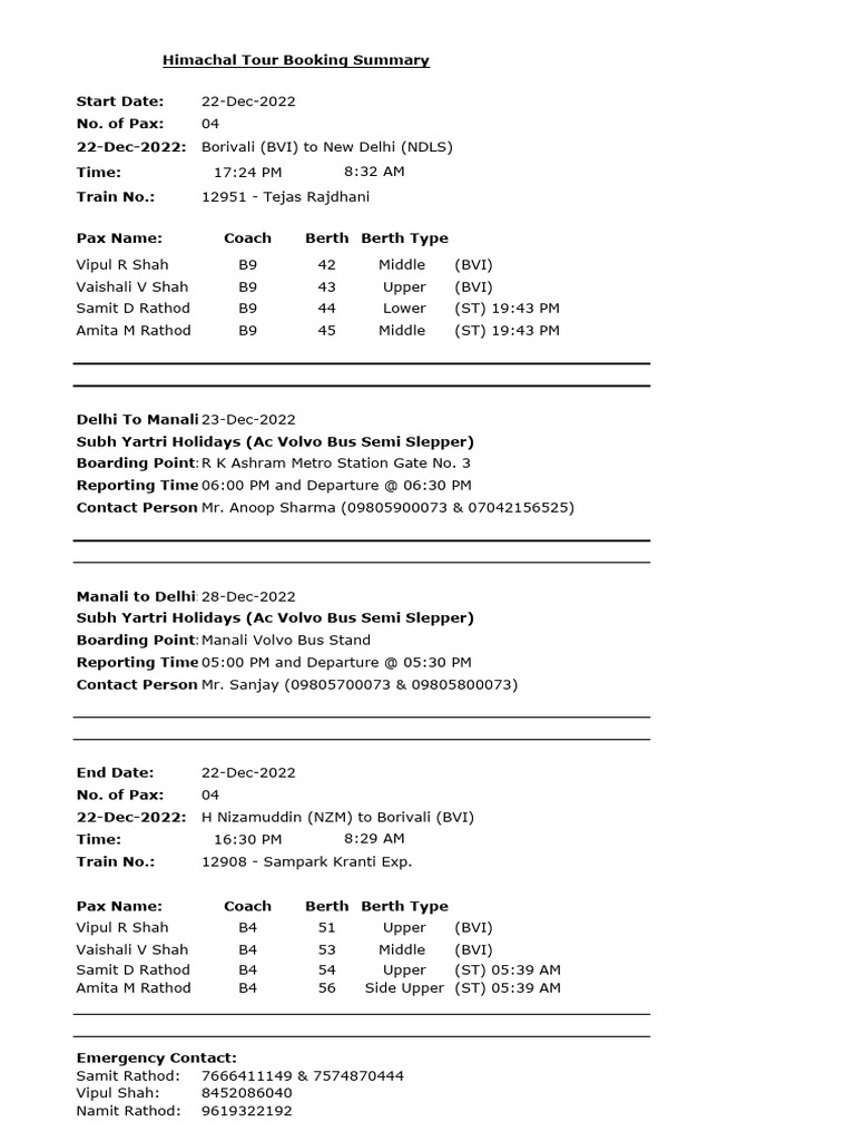 Himachal Tour Booking Summary | PDF