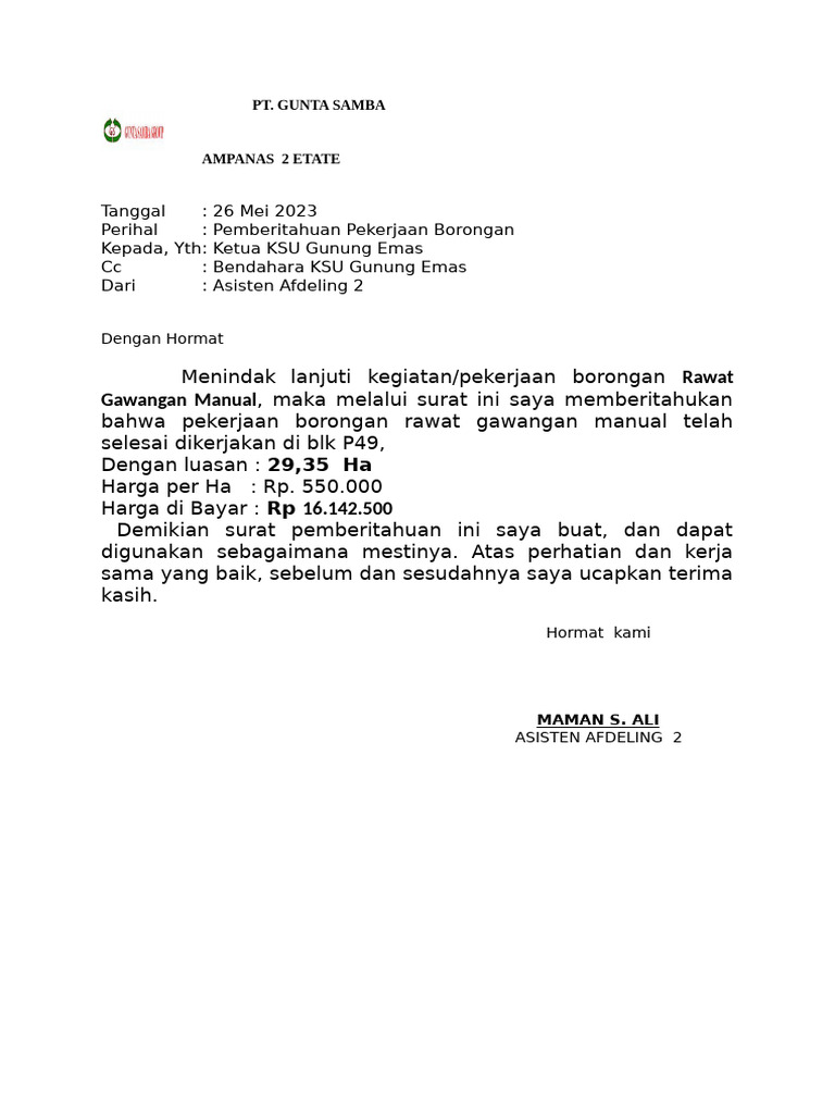 Pemberitahuan Pekerjaan Borongan PT Gunta Samba | PDF