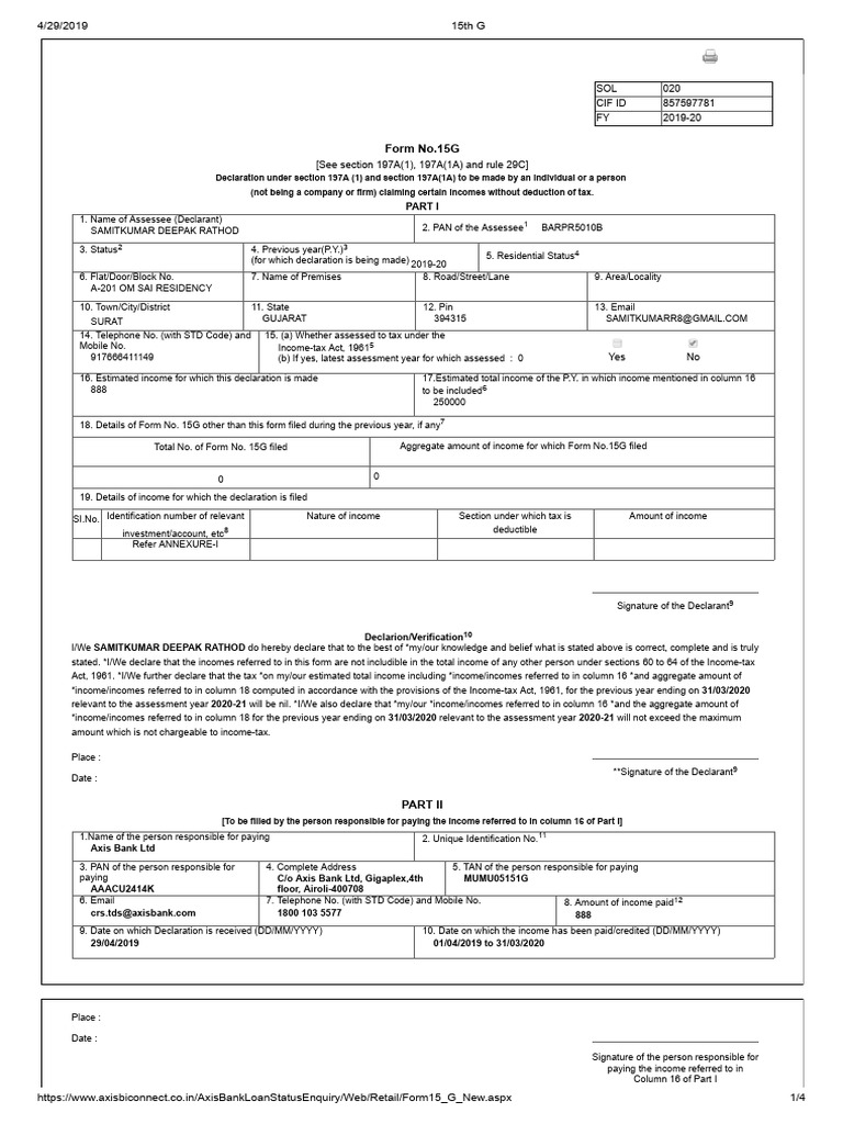 Form No.15G: Declarion/Verification Samitkumar Deepak Rathod | PDF