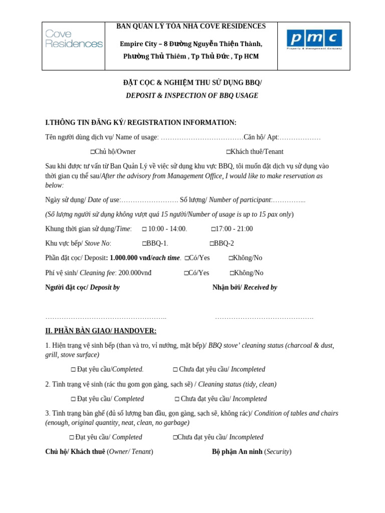 FORM ĐẶT CỌC- NGHIỆM THU BBQ | PDF