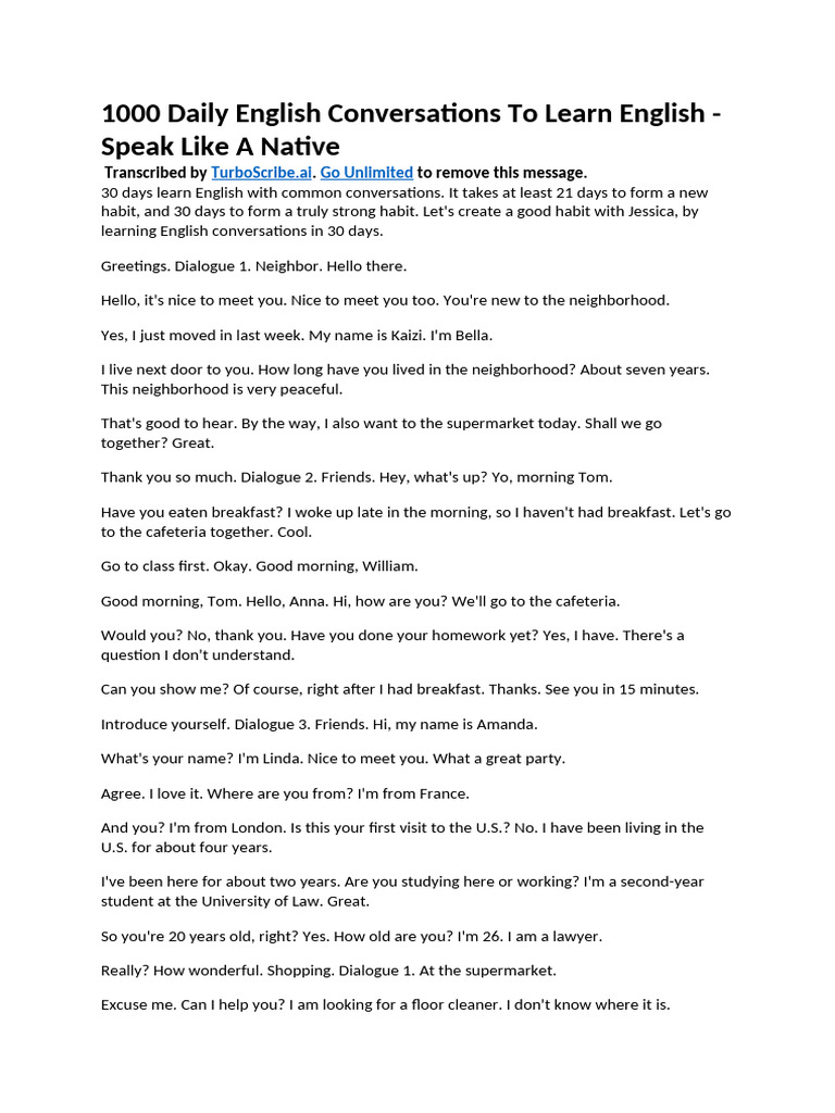 1000 Daily English Conversations To Learn English - Speak Like A Native | PDF