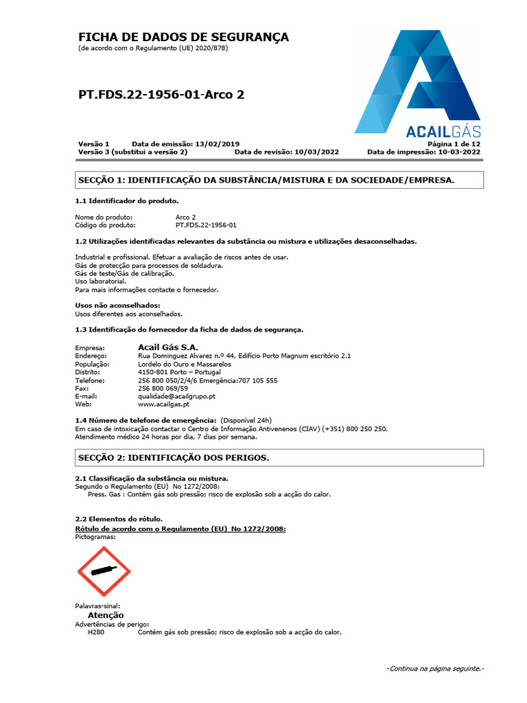 9 - Ficha de Segurança Gás Arco Acail - 2022 | PDF