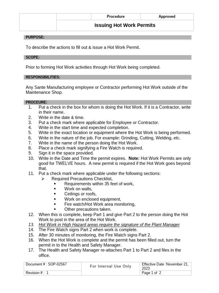 Issuing Hot Work Permits # SOP- | PDF