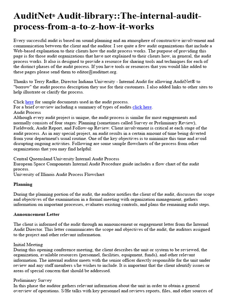 The Internal Audit Process From A To Z - How It Works! - AuditNet | PDF