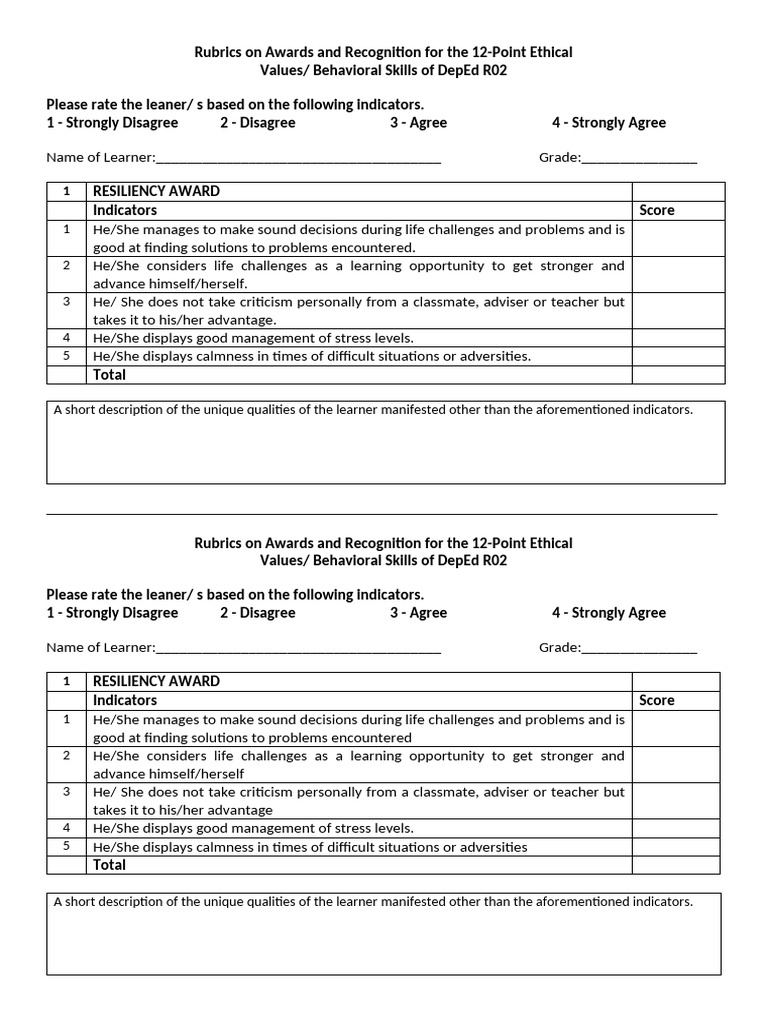 Rubrics On Awards and Recognition For The 12 Ethical Values | PDF