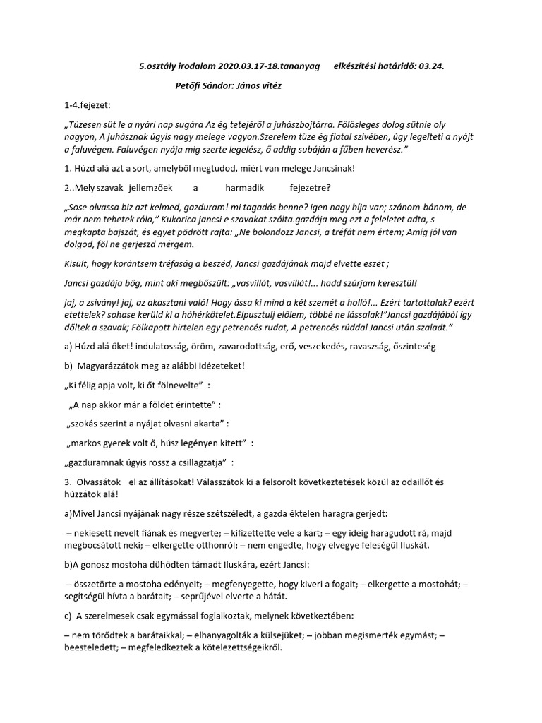 János Vitéz Feldolgozása Feladatokkal | PDF