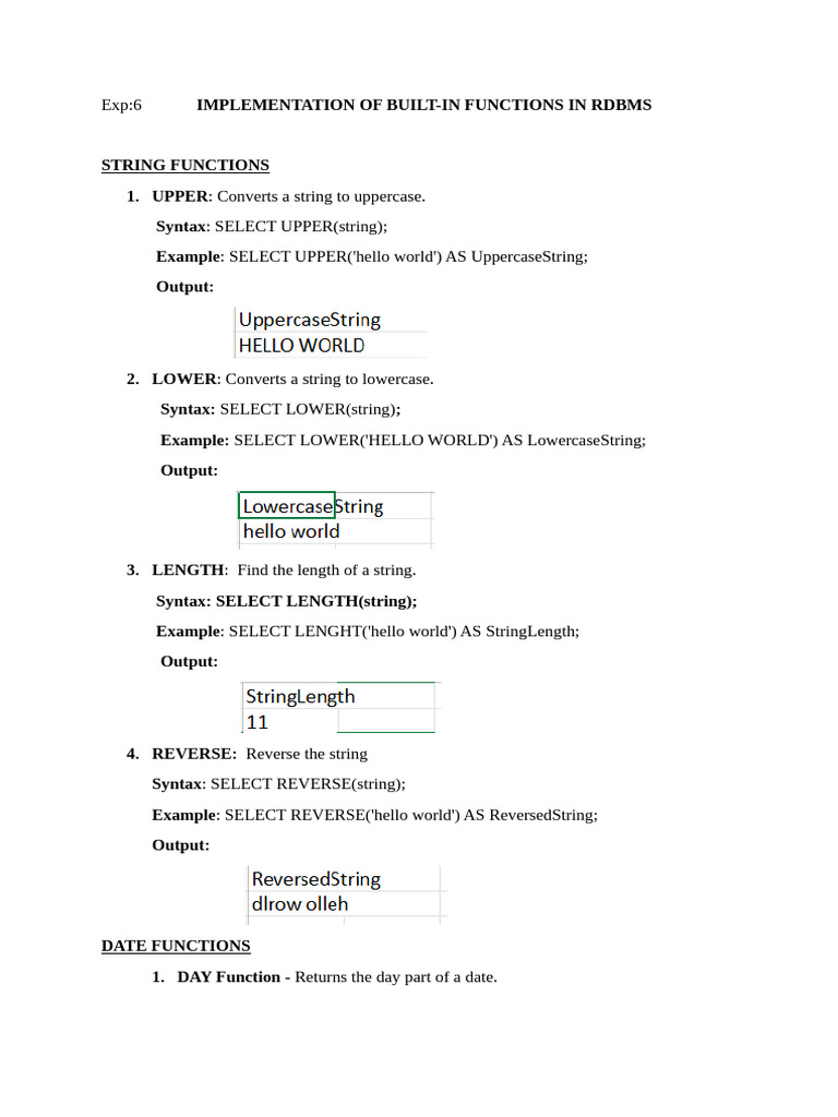 Exp 6-Implementation of Built-In Functions in RDBMS | PDF