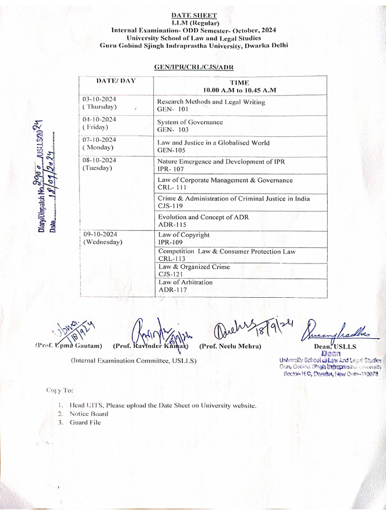 Date Sheet of LLM (Regular) Internal Examination - ODD Semester ...