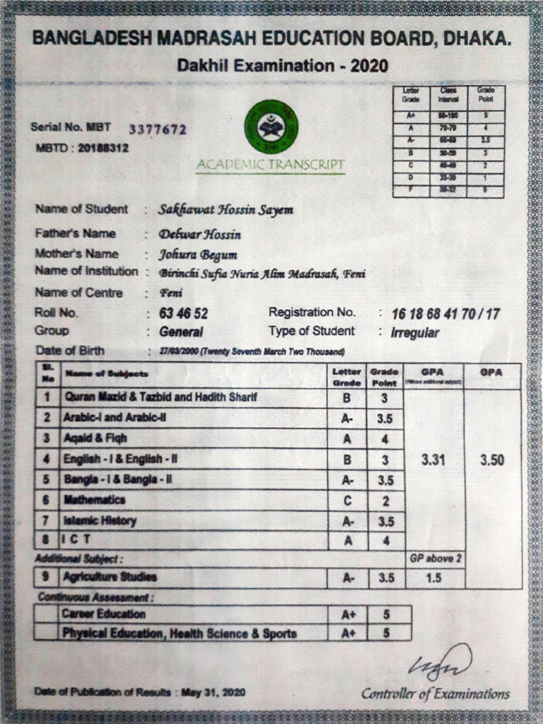 Dakhil Academic Transcript Main | PDF