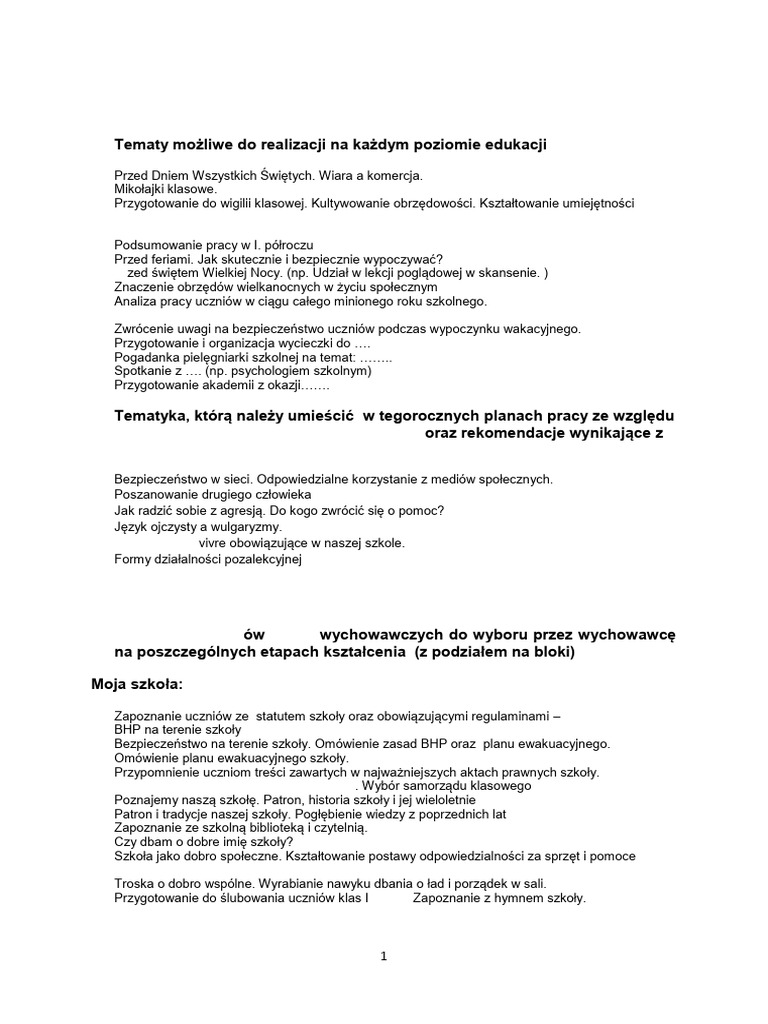 Tematy Lekcji Wychowawczych | PDF