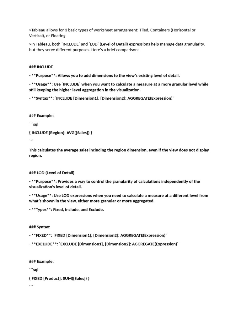Tableau Allows For 3 Basic Types of Worksheet Arrangement | PDF
