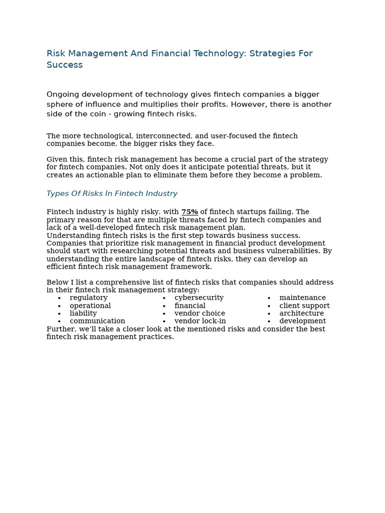 Risk Management and Financial Technology | PDF