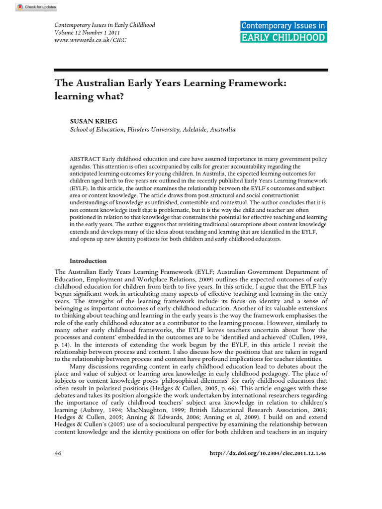 Krieg 2011 The Australian Early Years Learning Framework Learning What ...