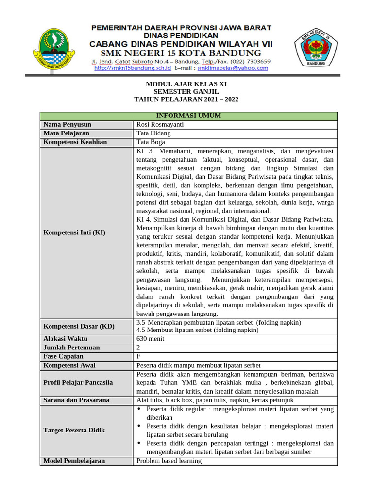 Modul Ajar Napkin Folding | PDF