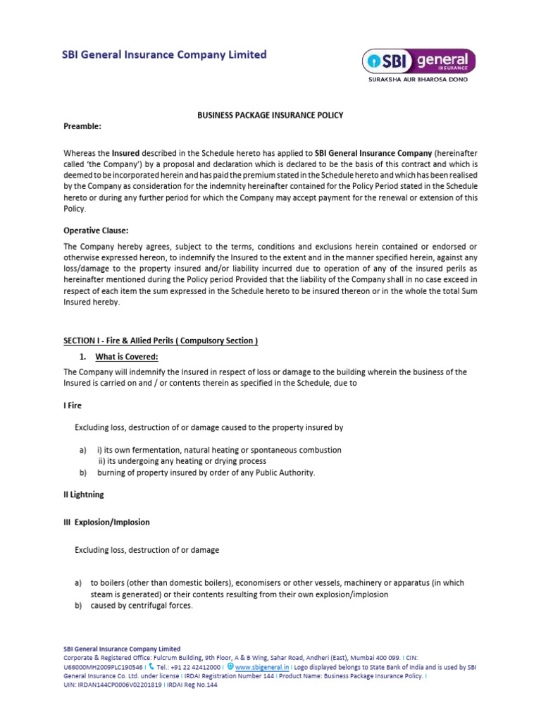 Business Package Insurance Policy Preamble: Insured SBI General ...