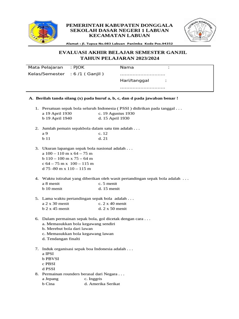 Soal Pjok Semester 1 Kelas 6 | PDF