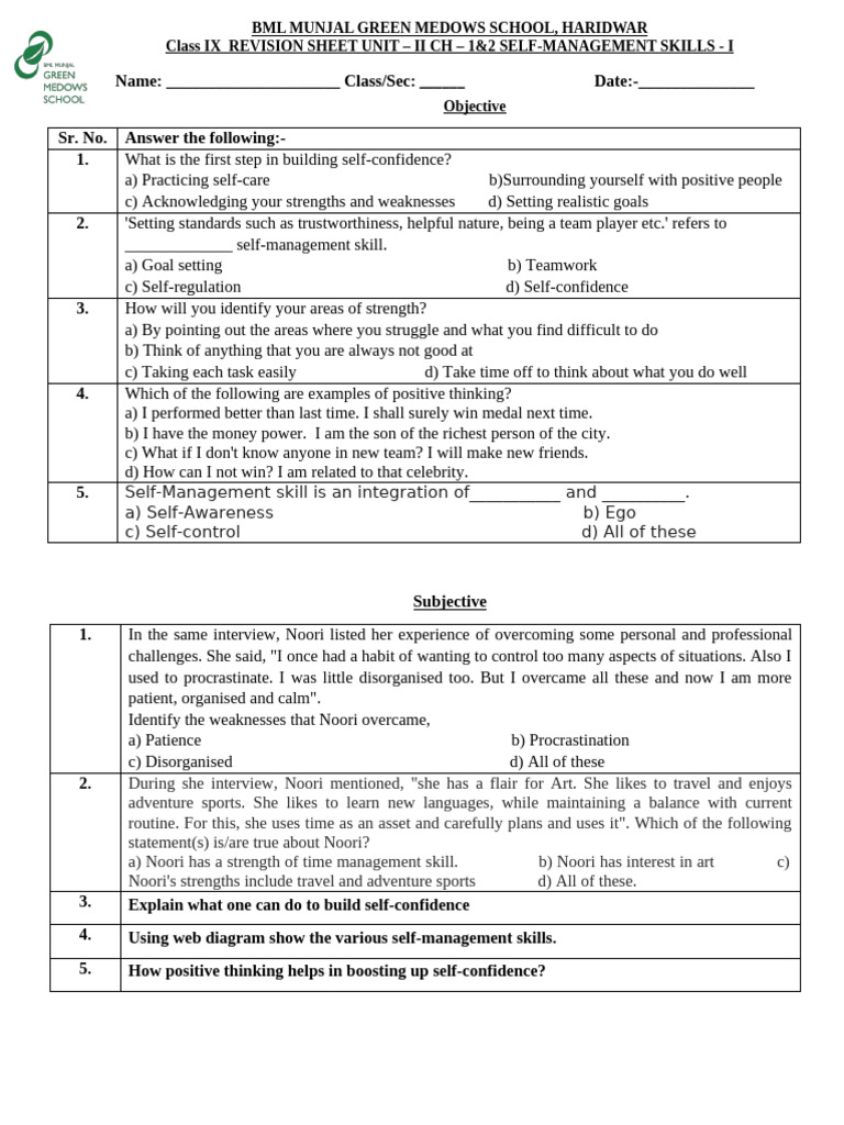 Unit - 2 Self Management Skills | PDF