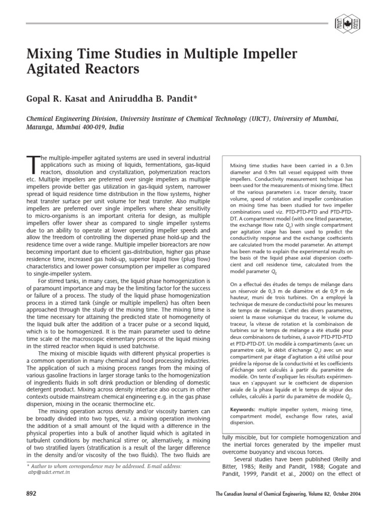 kasat2004_Mixing Time Studies in Multiple Impeller Agitated Reactors | PDF