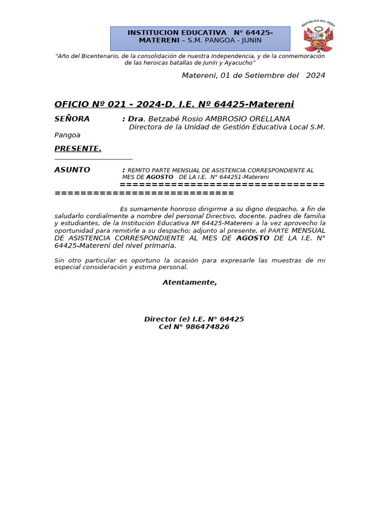 Oficio de Parte Mensual 2024[1] | PDF