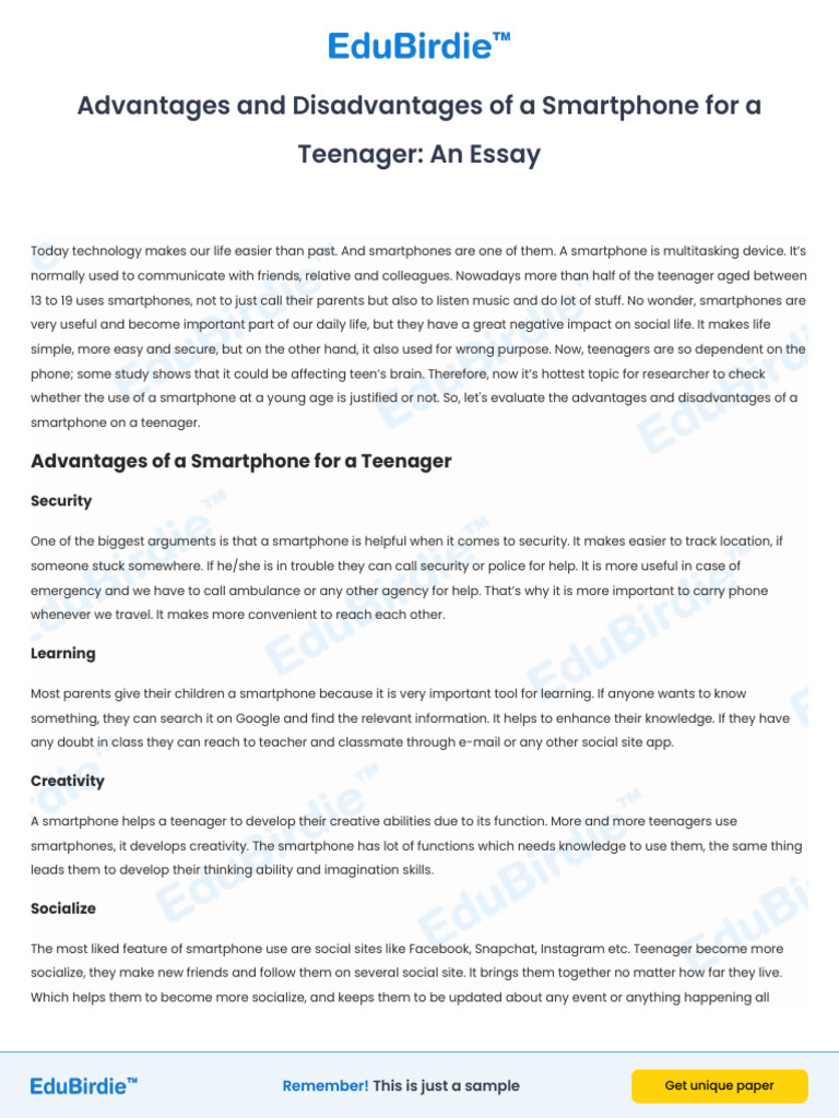 Advantages and Disadvantages of A Smartphone For A Teenager An Essay | PDF