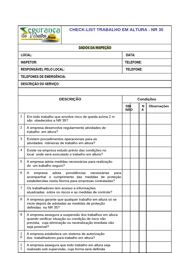 Check-list NR 35: Trabalho em Altura | PDF | Desenvolvimento profissional