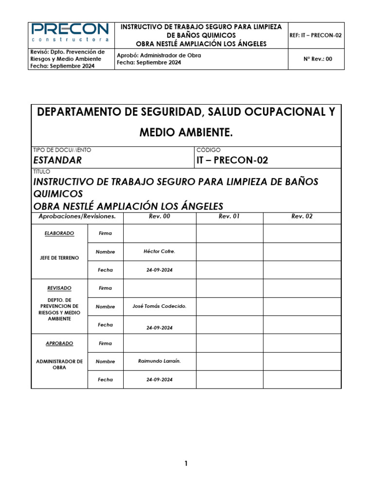 It - Precon-02 Limpieza Baños Quimicos Nestlé La | PDF