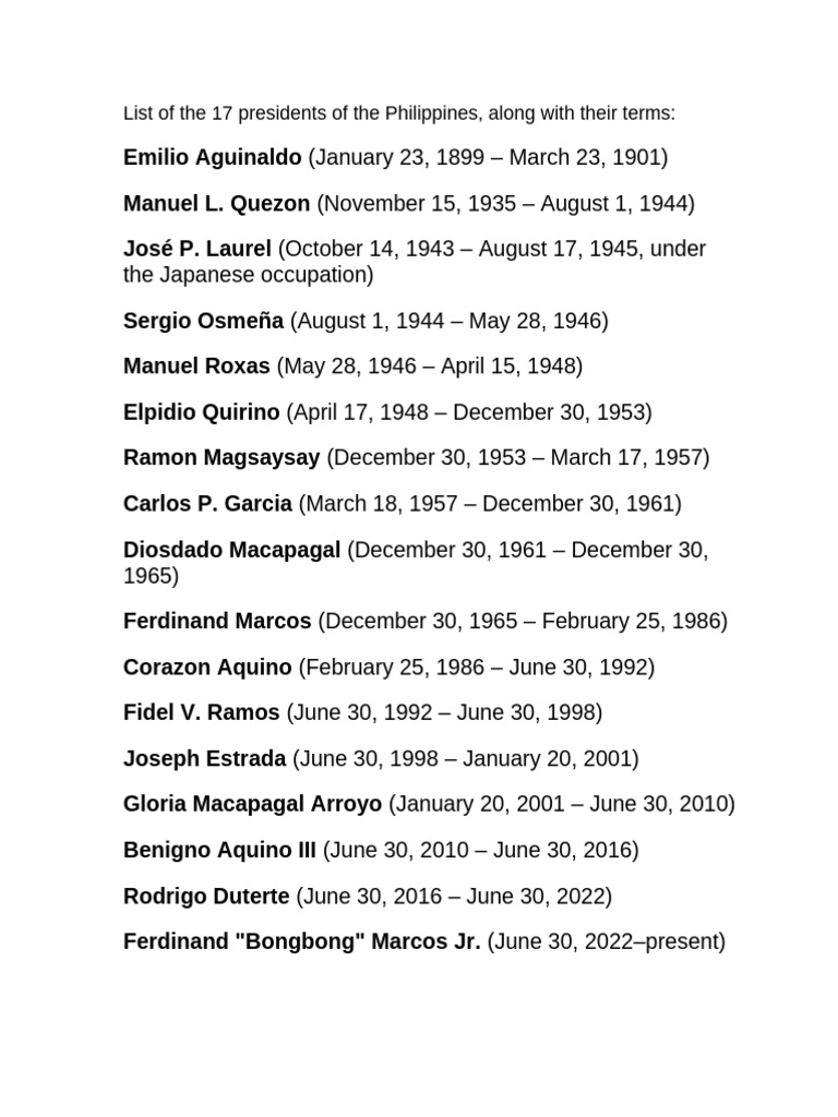 List of 17 Philippine Presidents | PDF