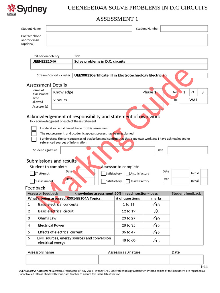 UEENEEE104A Assessment 1 Marking Guide 1 Topics 1 To 6 V2 ...