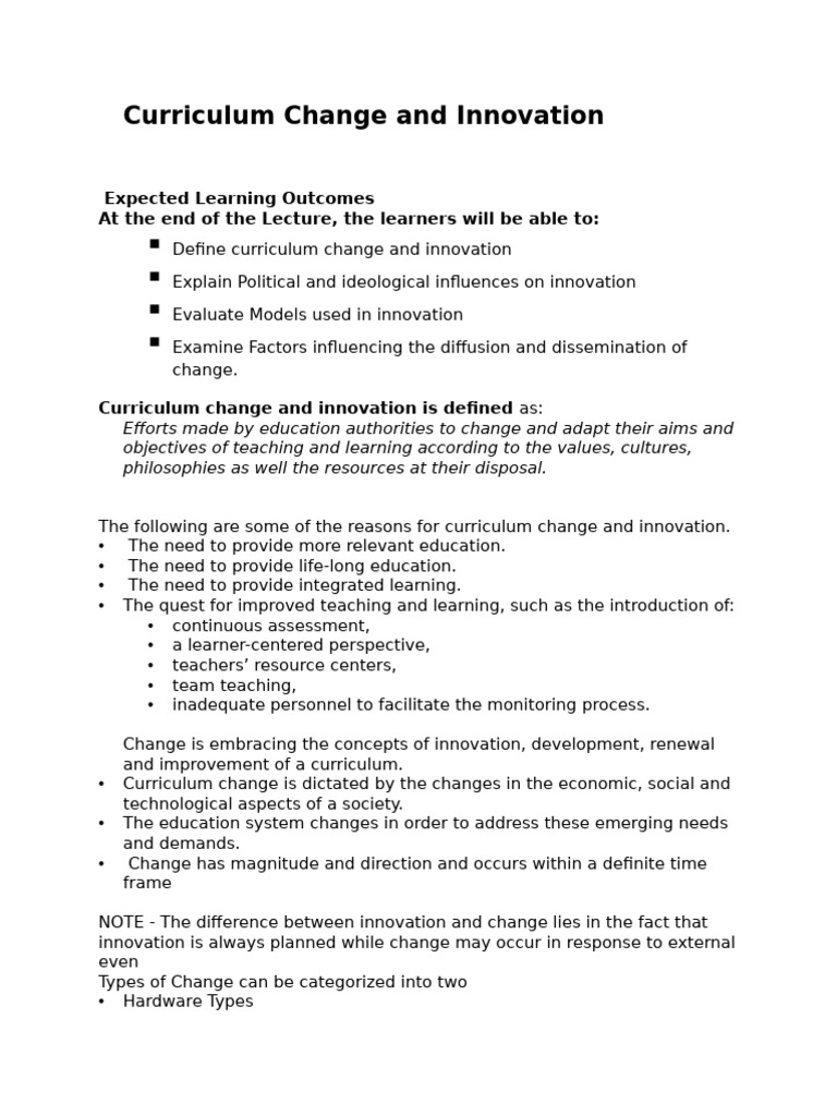 Curriculum Change and Innovation | PDF | Innovation | Curriculum