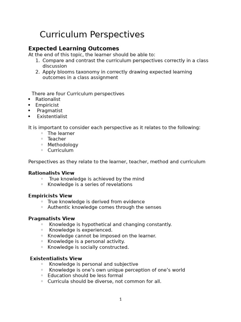 Curriculum Perspectives Notes | PDF