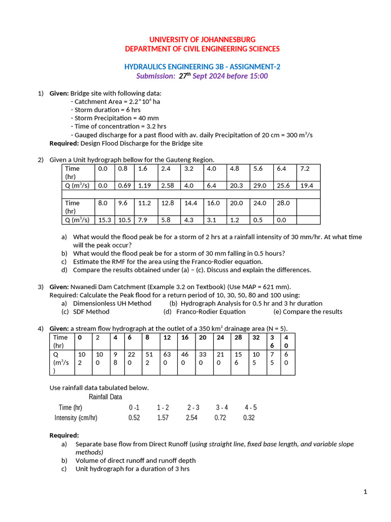 Hydraulics 3B - Assignment 2 | PDF | Flood | Discharge (Hydrology)