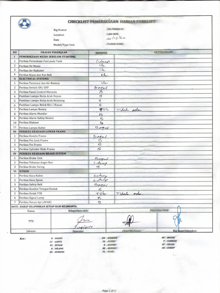 Checklist Harian Forklif 01-Okt-2024 (Pagi) | PDF