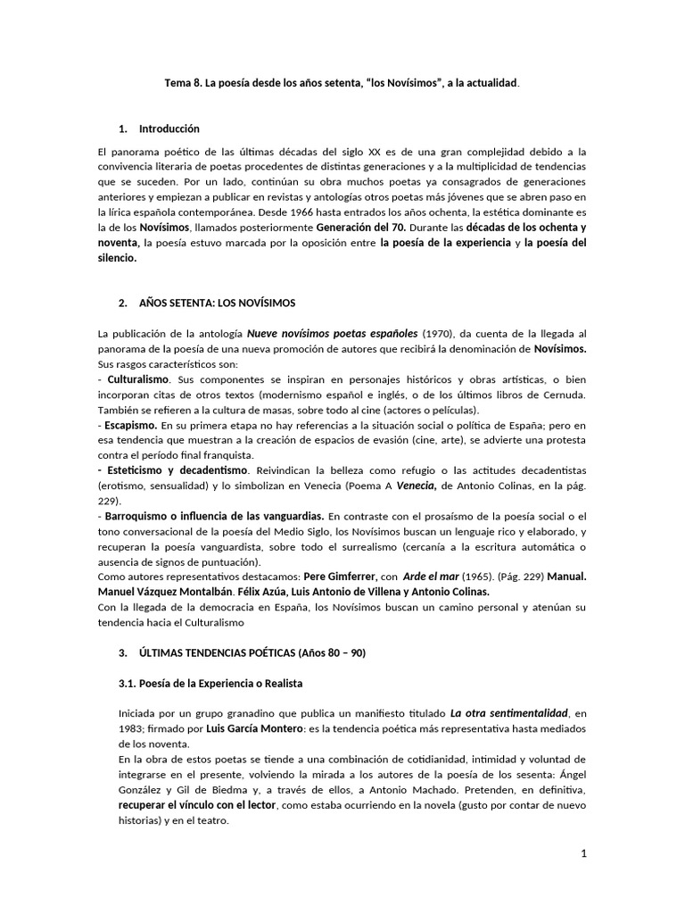 Tema 8. La Poesía Desde Los Novísimos Hasta La Actualidad | PDF