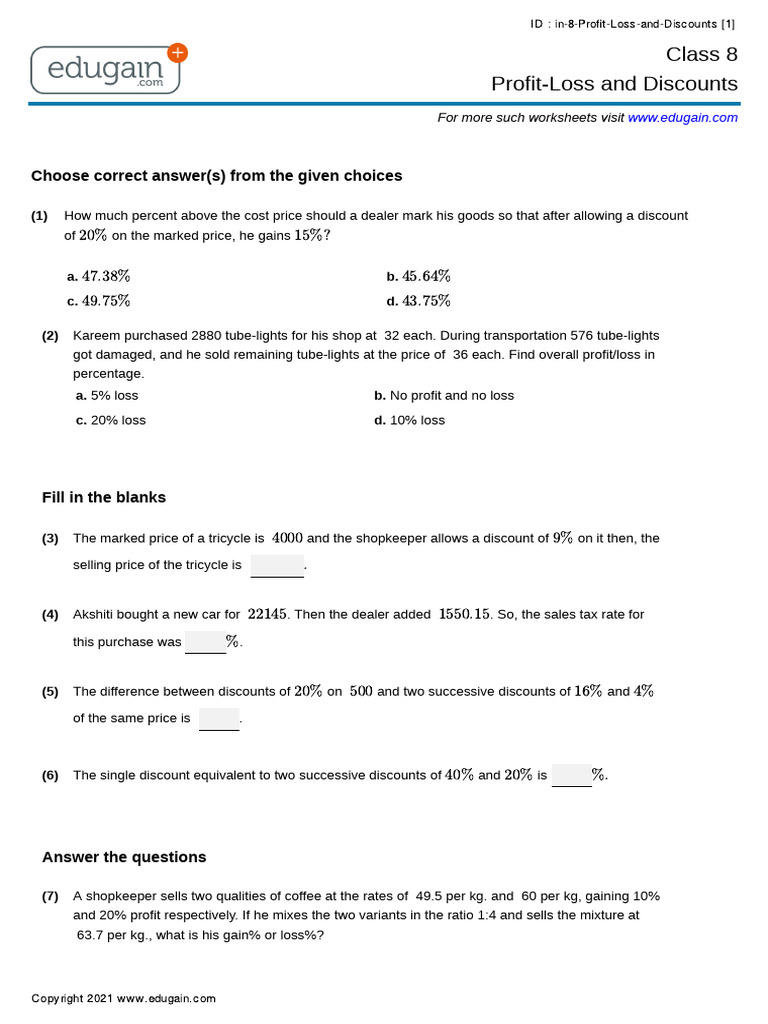 Grade 8 Profit Loss and Discounts in | PDF