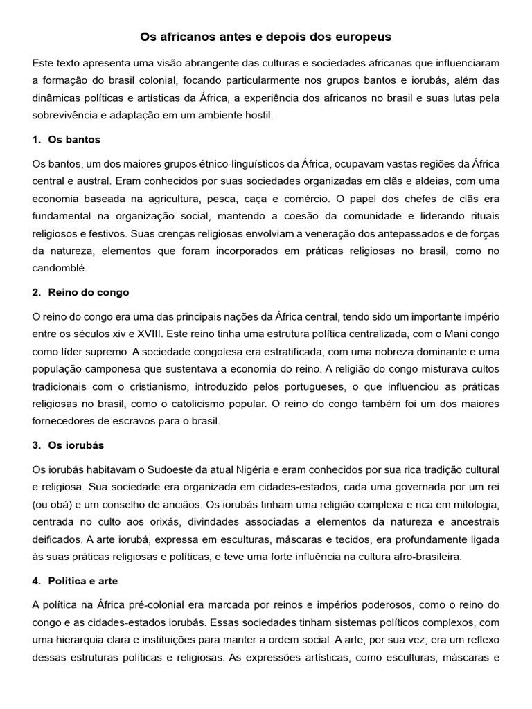 Resumo Sobre Os Africanos No Brasil | PDF | Brasil | Escravidão