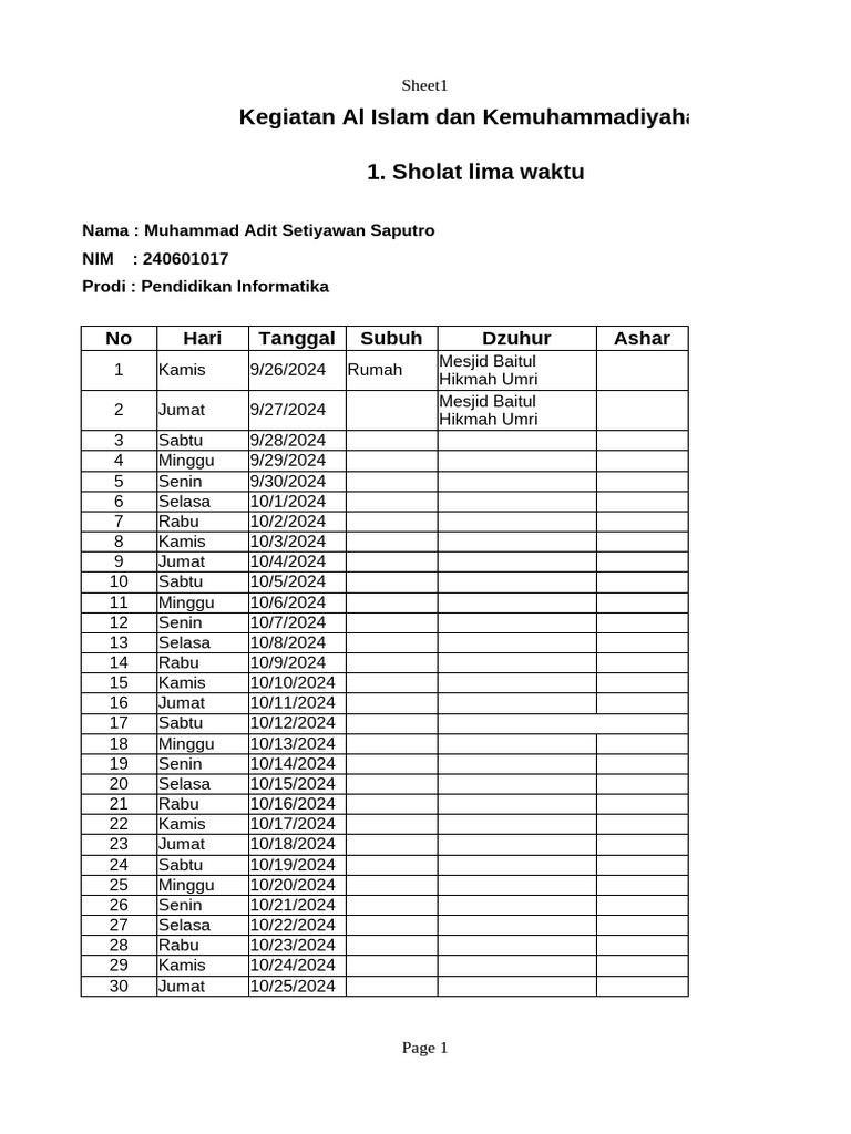 Tabel Sholat ALDIRA | PDF