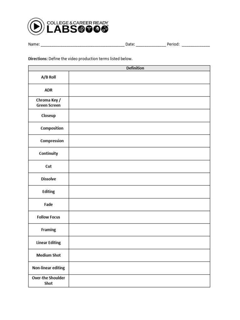 Video Production Terminology Worksheet v2 | PDF