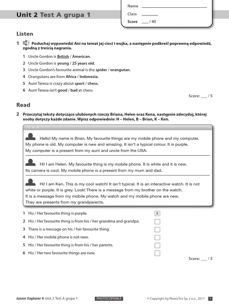 Karolina Stepaniuk - Unit 2 Test A Grupa 1 | PDF