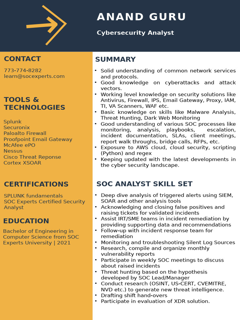 SOC Experts CV Sample L1 1 Grey Yellow | PDF | Security | Computer Security