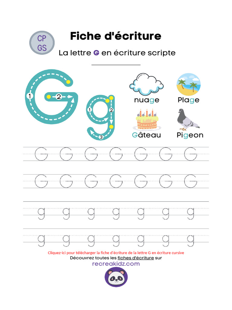Fiche D'écriture Lettre G en Script Majuscule Et Minuscule - PDF À ...