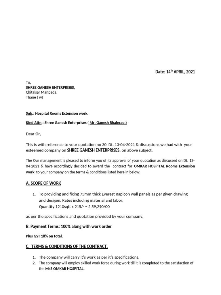 Work Order Format For Omkar Hospital Work | PDF