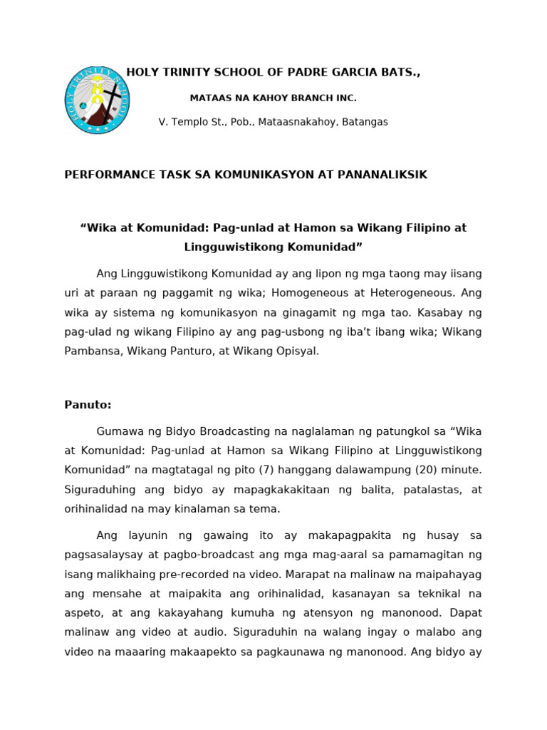 Performance Task Sa Komunikasyon at Pananaliksik - Video Broadcasting | PDF