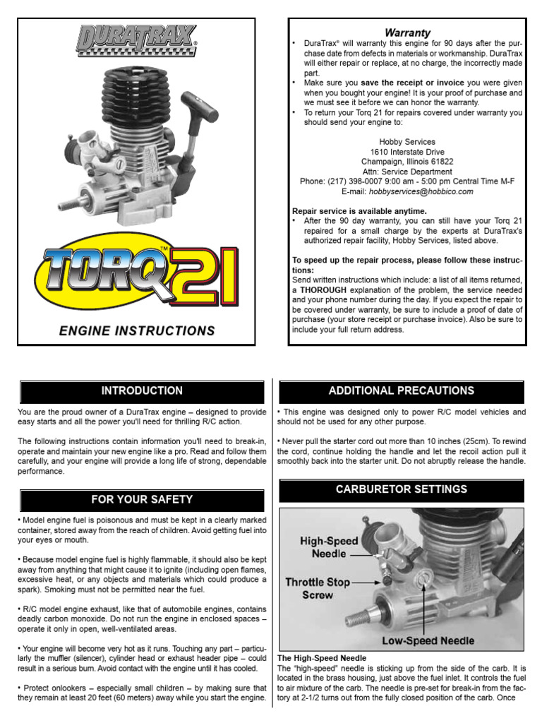 Duratrax Torq21 Engine Manual | PDF | Carburetor | Throttle