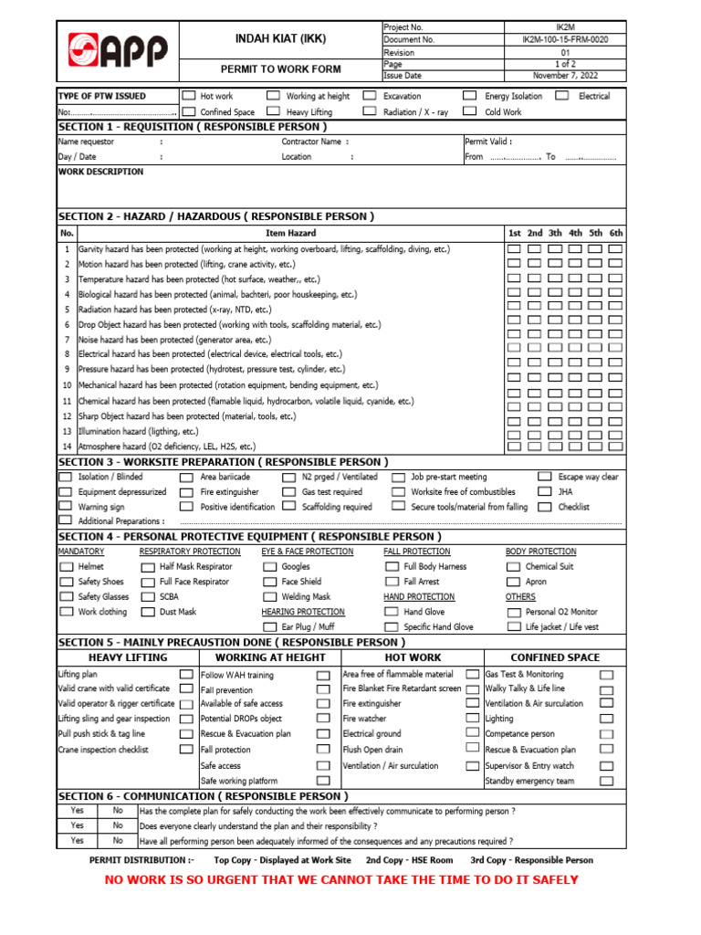 IK2M-100-15-FRM-0020 Permit To Work (PTW) Form Rev.01 | PDF | Personal ...